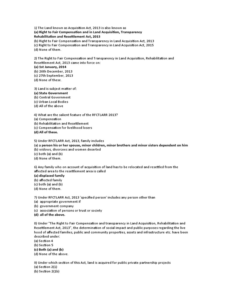 Land Acquisition Act MCQ | PDF | Eminent Domain | Public Law