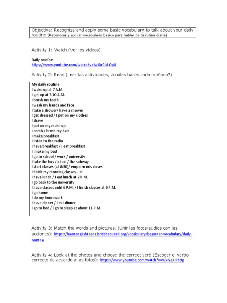 My Daily Routine: (Reconocer y Aplicar Vocabulario Básico para Hablar ...