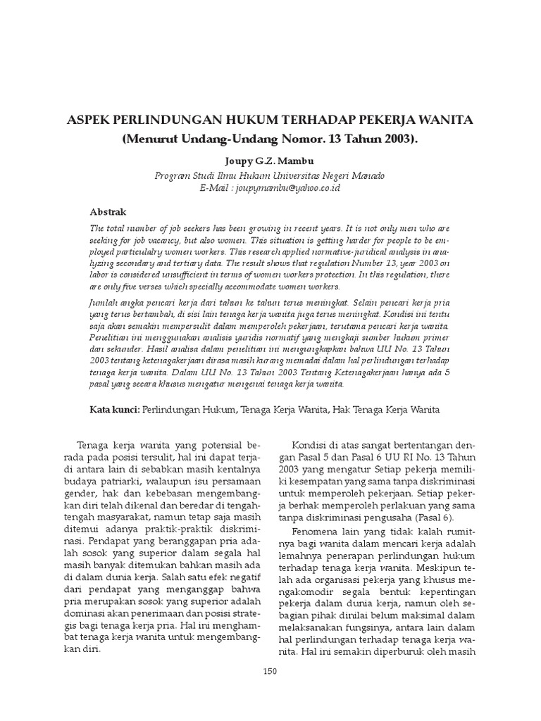 Aspek Perlindungan Hukum Terhadap Pekerja Wanita Menurut Undang Undang ... Aspek Perlindungan Hukum Terhadap Pekerja Wanita Menurut Undang Undang ...