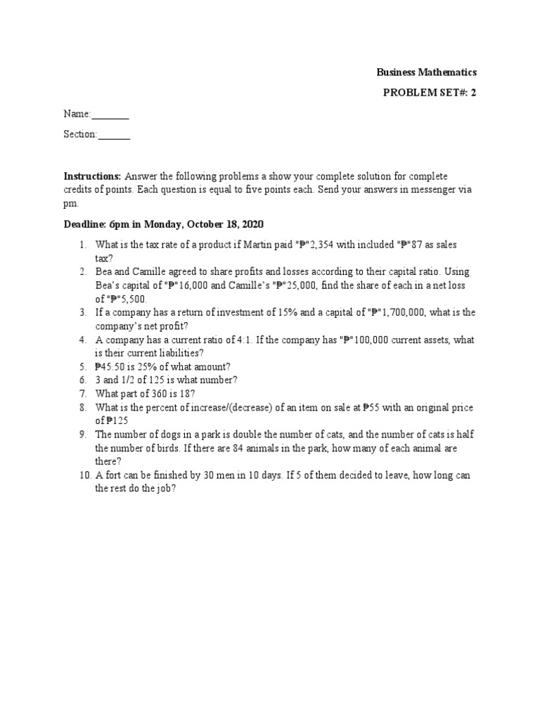 Business Math Problem Set 2 | PDF | Law