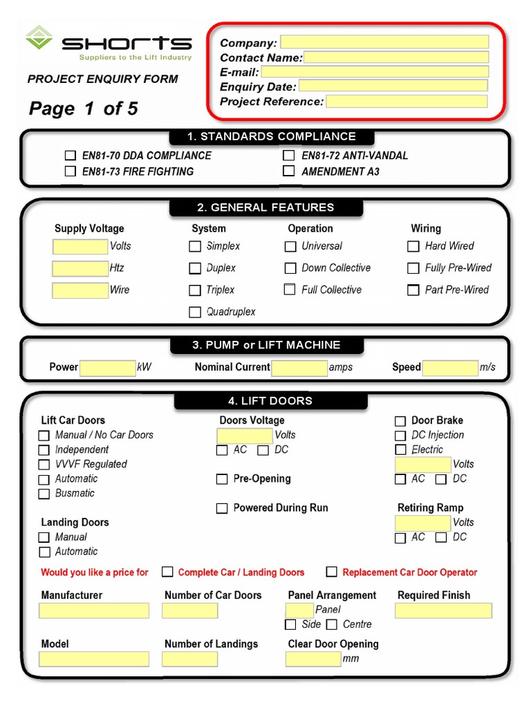 Project Enquiry Sheet Version 2 | PDF | Elevator | Alternating Current