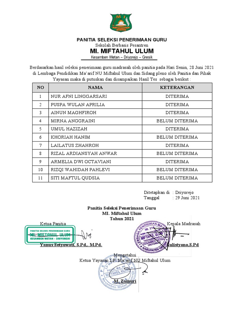 Panitia Seleksi Penerimaan Guru | PDF
