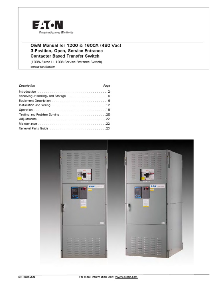 O&M Manual For 1200 & 1600A (480 Vac) 3-Position, Open, Service ...