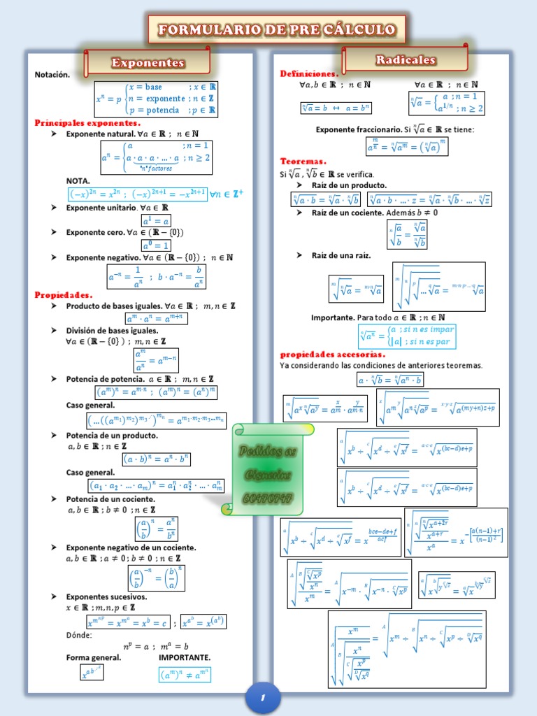 Formulario Pre Calculo | PDF | Raíz cuadrada | División (Matemáticas)