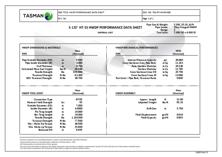 5-1/2" Ht-55 HWDP Performance Data Sheet | PDF | Strength Of Materials ...