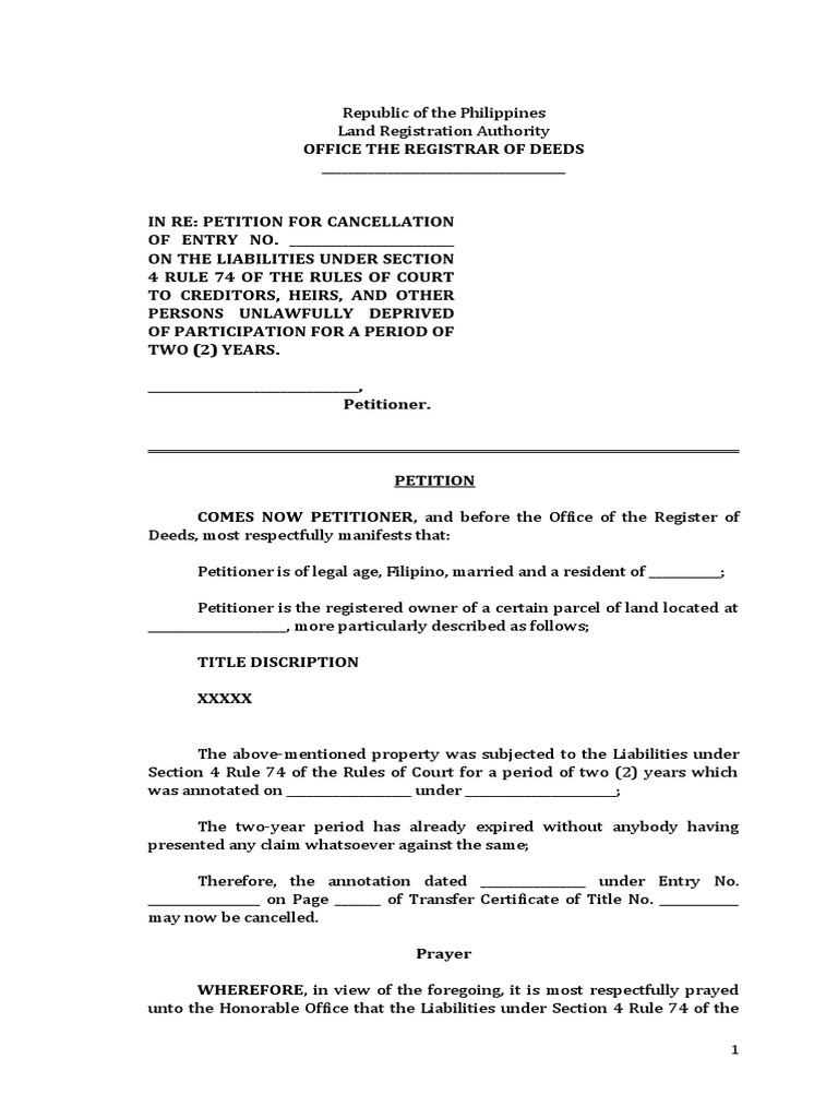 Petition ROD Cancellation of Rule 74 | PDF | Title (Property ...