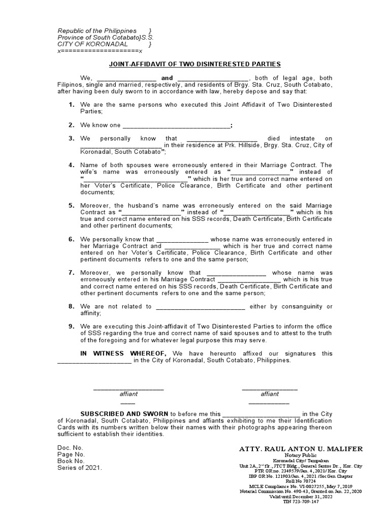 Joint Affidavit of Two Disinterested Parties | PDF | Kinship And ...