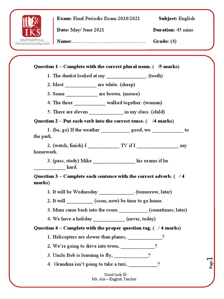 Final Grade 4 English Exam | PDF | English Language | Verb