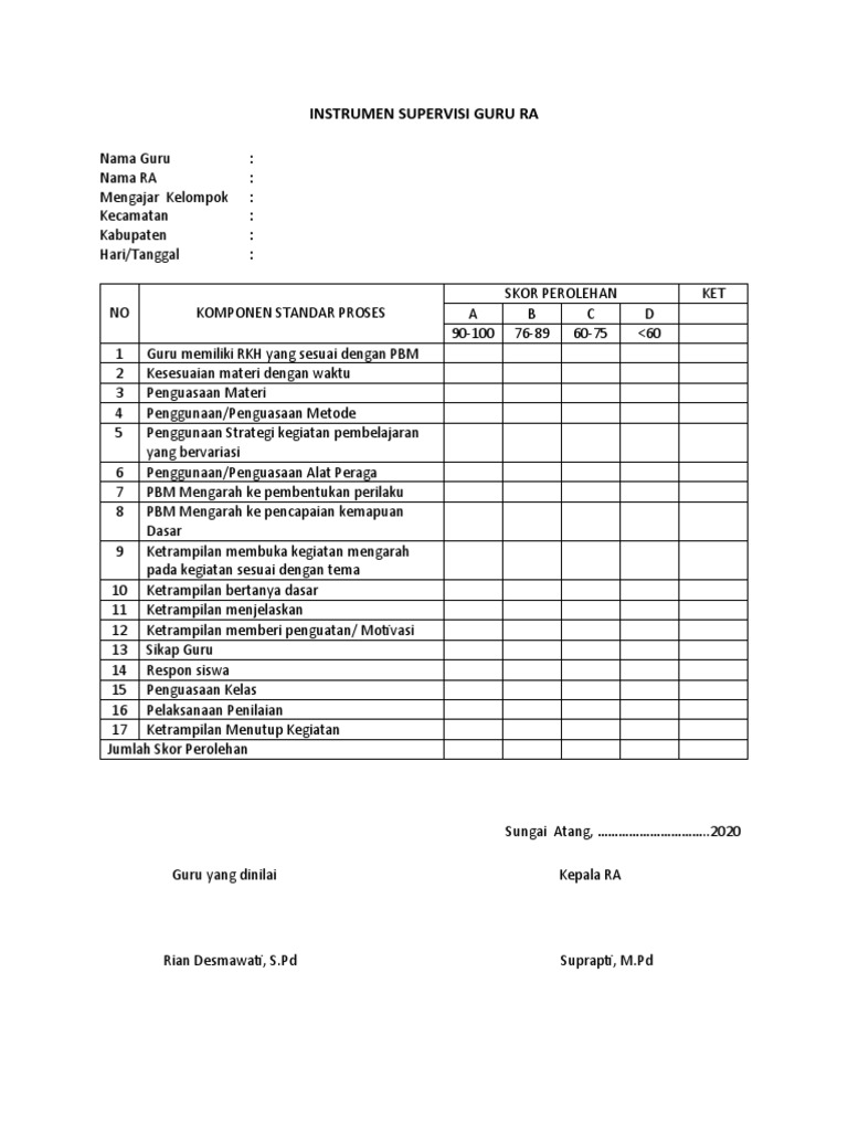 Instrumen Supervisi Guru RA 2020 | PDF