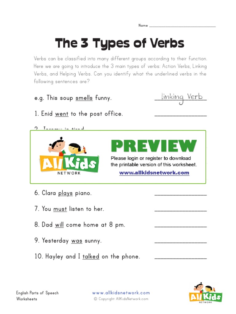 3 Types of Verbs Worksheet Preview | PDF | Syntax | Morphology