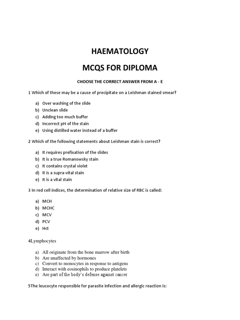 Haematology Mcqs For Diploma: Choose The Correct Answer From A - E ...
