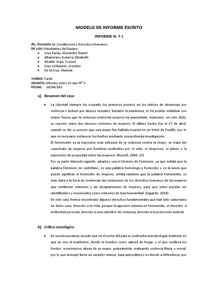 Modelo de Informe Escrito | PDF | La violencia contra las mujeres ...