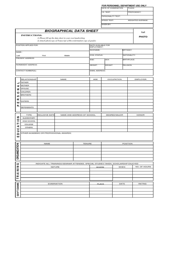 Biographical Data Sheet For Applicants PDF | PDF | Test (Assessment ...