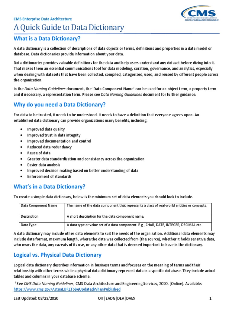 Data Dictionary Quick Reference Guide | PDF | Data Model | Databases