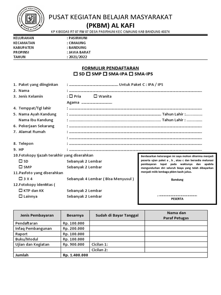 Formulir Pendaftaran PKBM Al Kafi | PDF