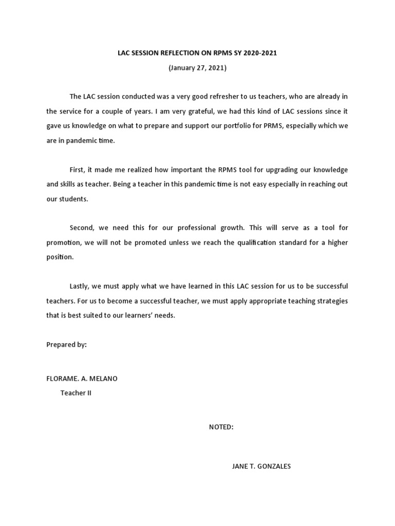 Lac Session Reflection On RPMS Sy 2020 | PDF | Teachers | Education Theory