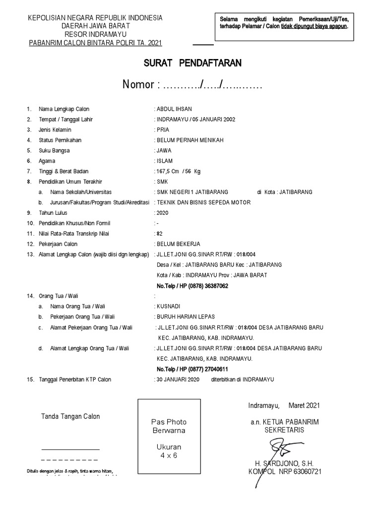Surat Pendaftaran Bintara Polri 2021 | PDF