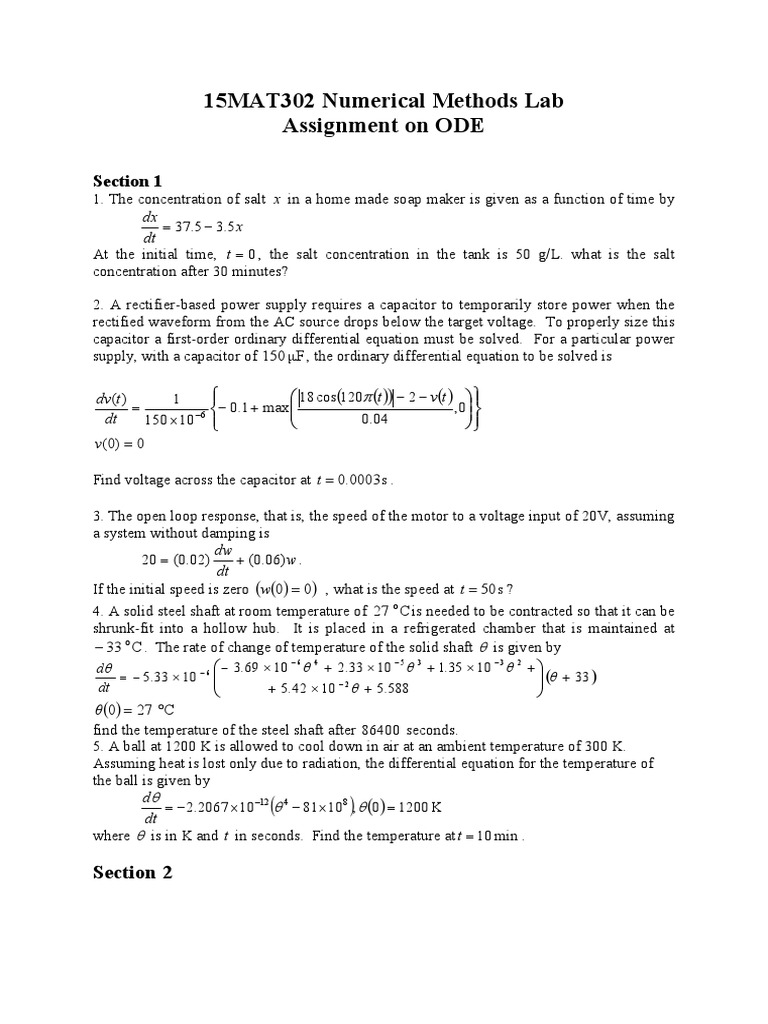 15MAT302 Numerical Methods Lab Assignment On ODE: Section 1 | PDF ...