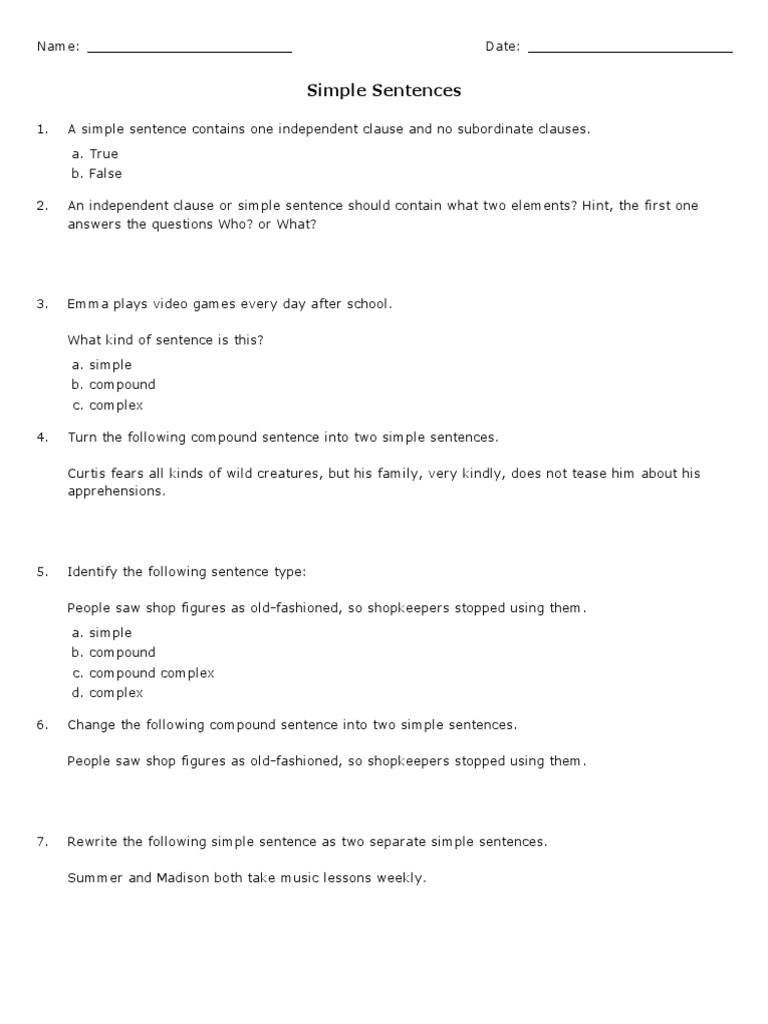 Simple Sentences (Grade 6) - Free Printable Tests and Worksheets ...