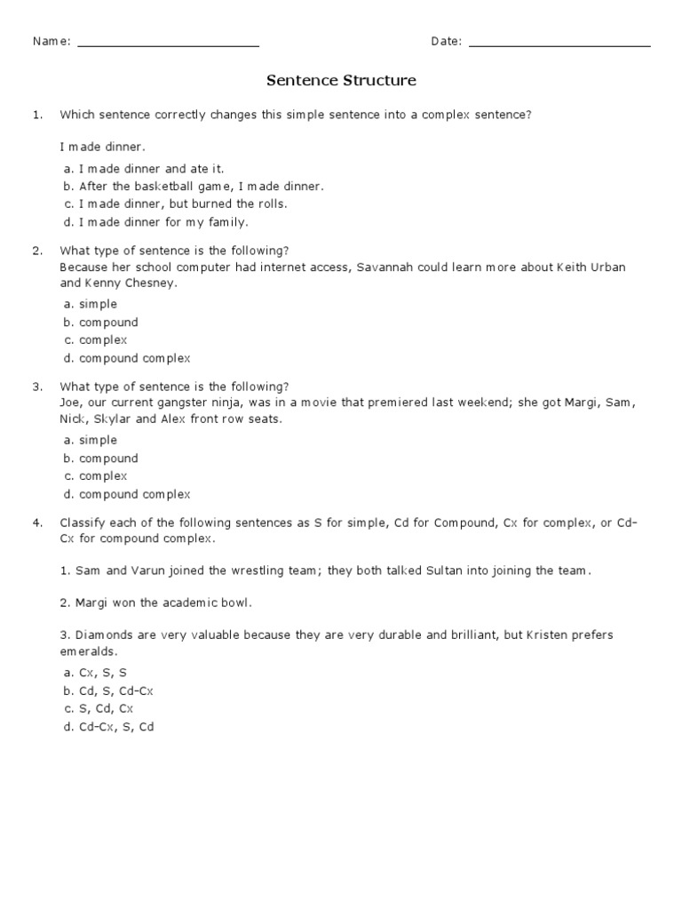 Sentence Structure (Grade 7) - Free Printable Tests and Worksheets ...