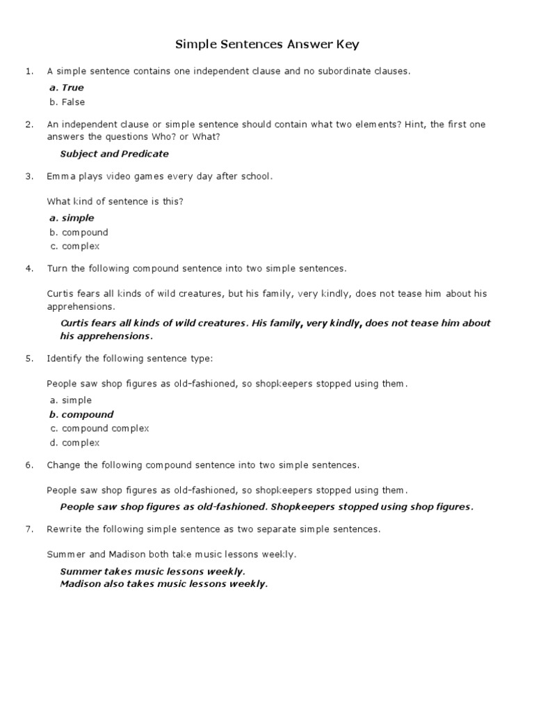 Simple Sentences Answer Key - HelpTeaching | PDF | Sentence ...