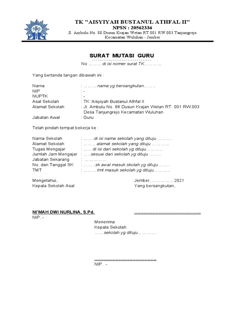Surat Mutasi Guru | PDF