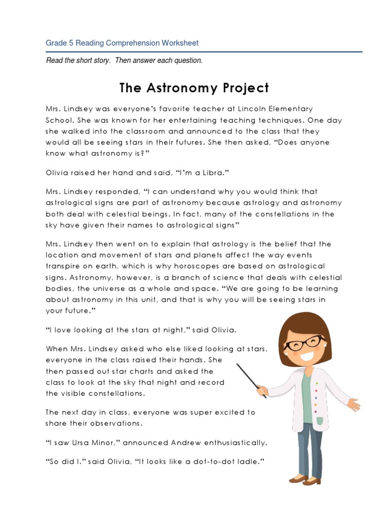 The Astronomy Project: Grade 5 Reading Comprehension Worksheet | PDF ...