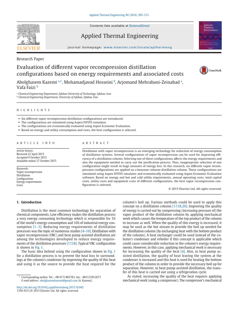 Evaluation of Different Vapor Recompression Distillation | PDF ...