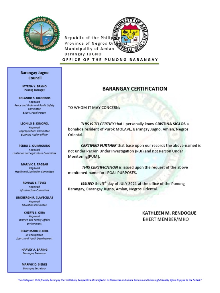 Barangay Certification: Office of The Punong Barangay Barangay Jugno Council | PDF | Water And ...