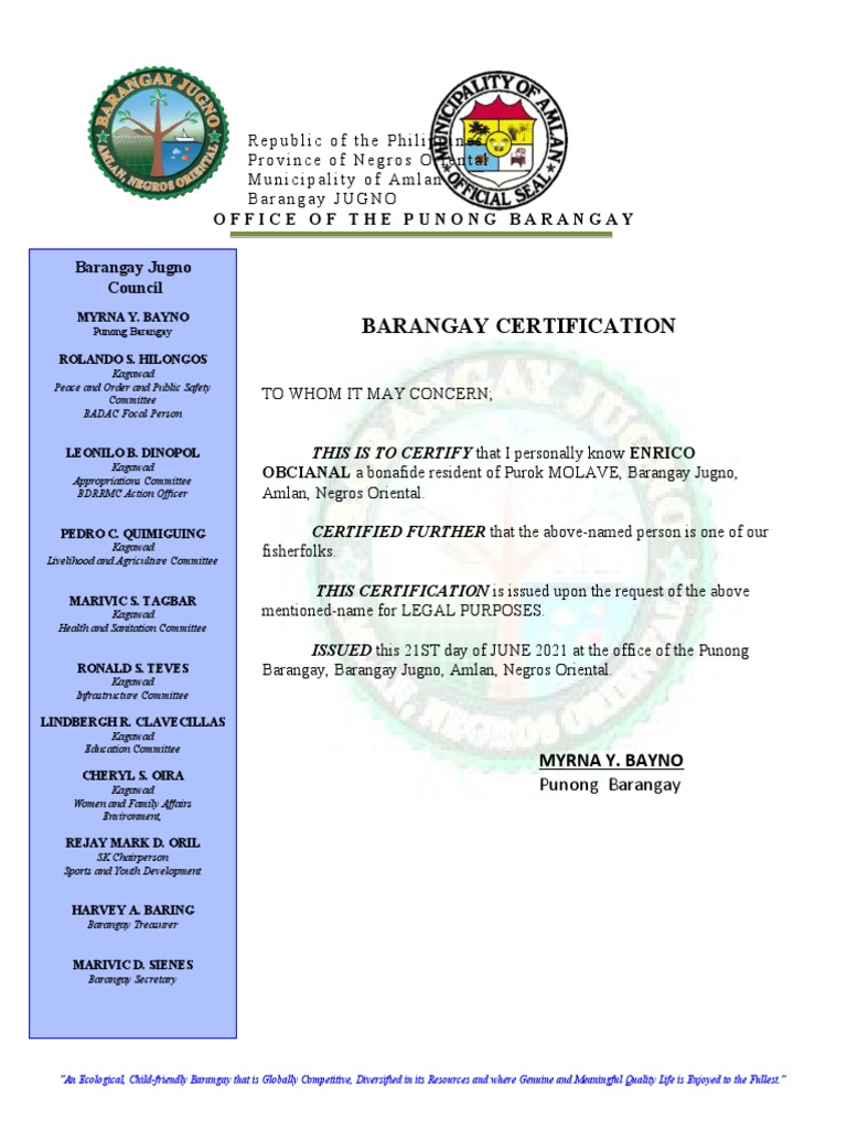 Barangay Certification: Office of The Punong Barangay Barangay Jugno ...