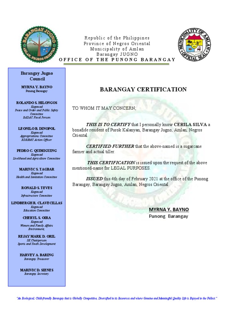 Barangay Certification: Office of The Punong Barangay Barangay Jugno ...
