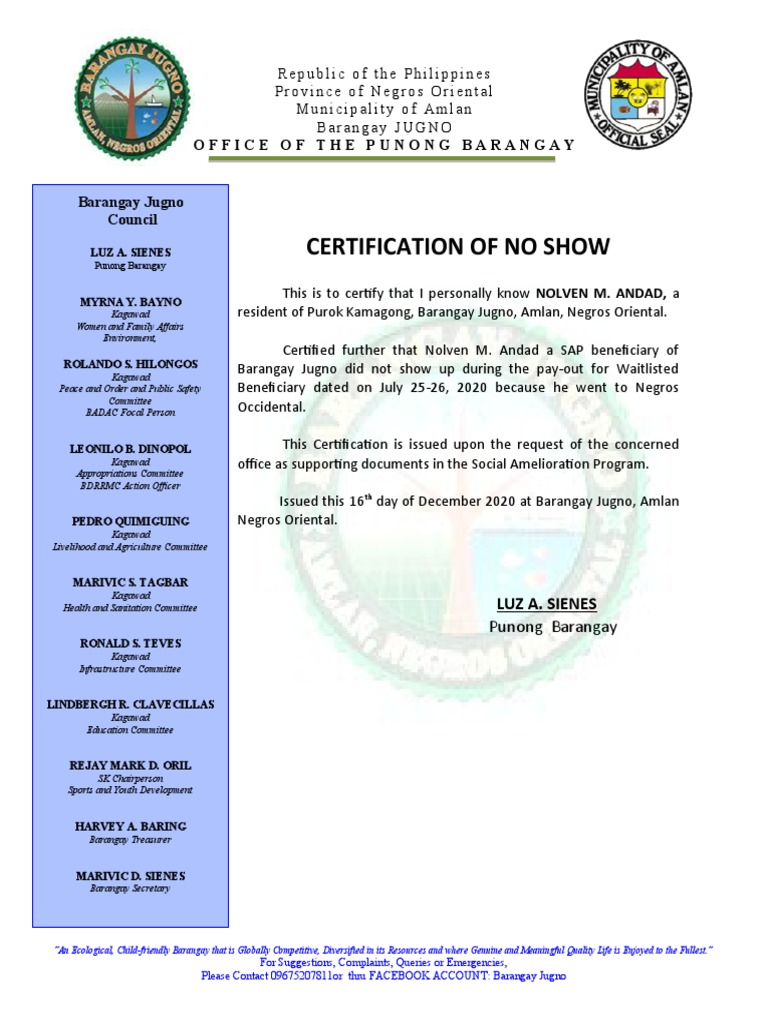 Certification of No Show for SAP Beneficiary | PDF | Science | Science ...
