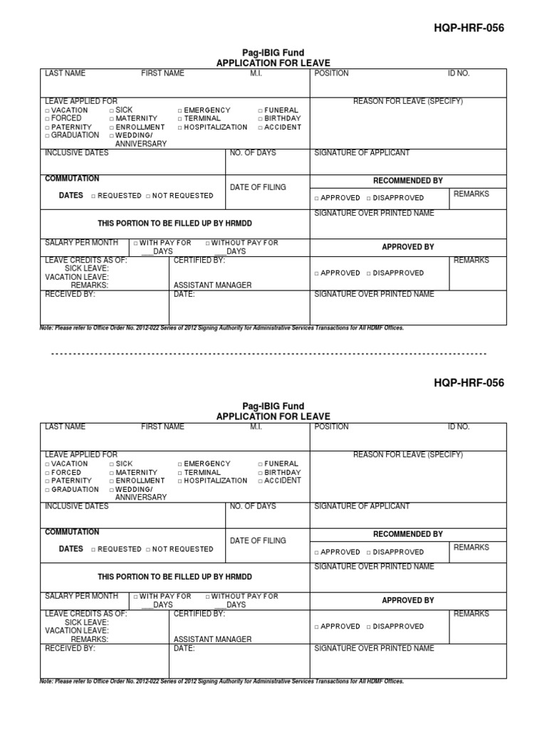 HQP-HRF-056: Pag-IBIG Fund Application For Leave | PDF | Business