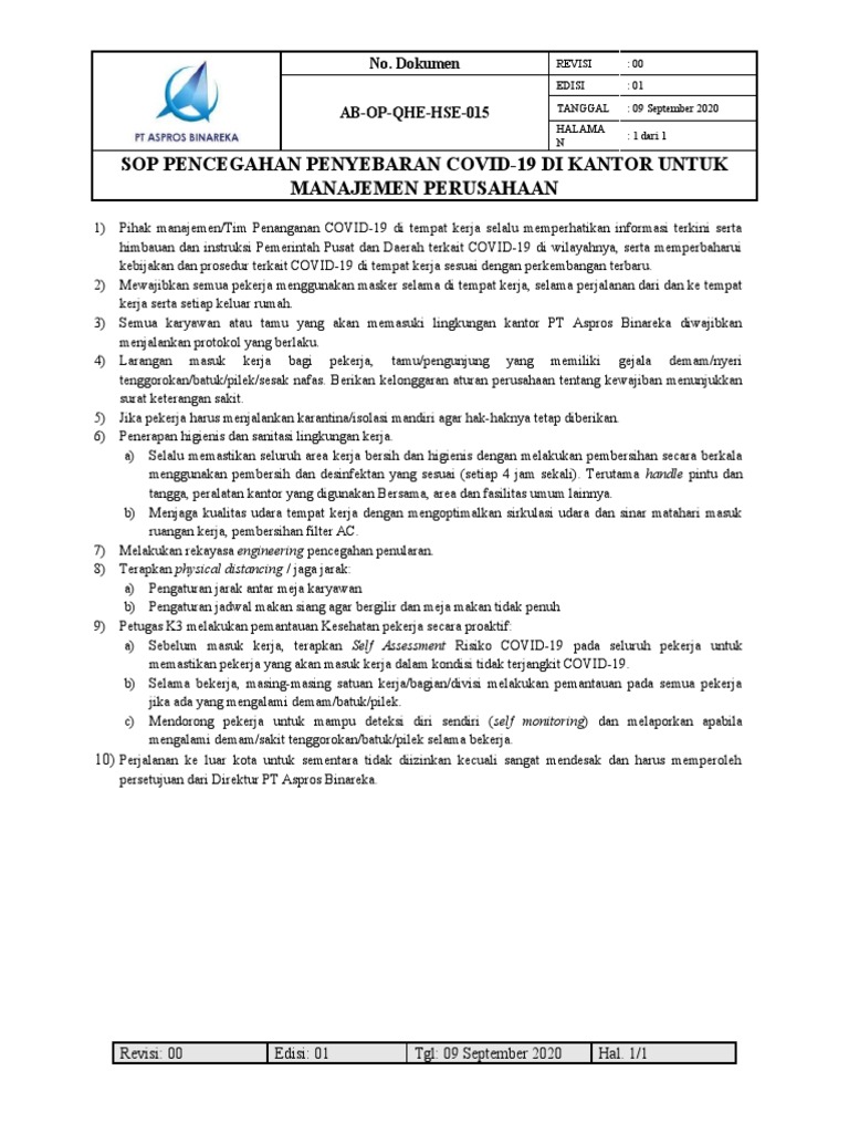 Ab-Op-Qhe-Hse-015 Sop Pencegahan Penyebaran Covid-19 Untuk Manajemen ...
