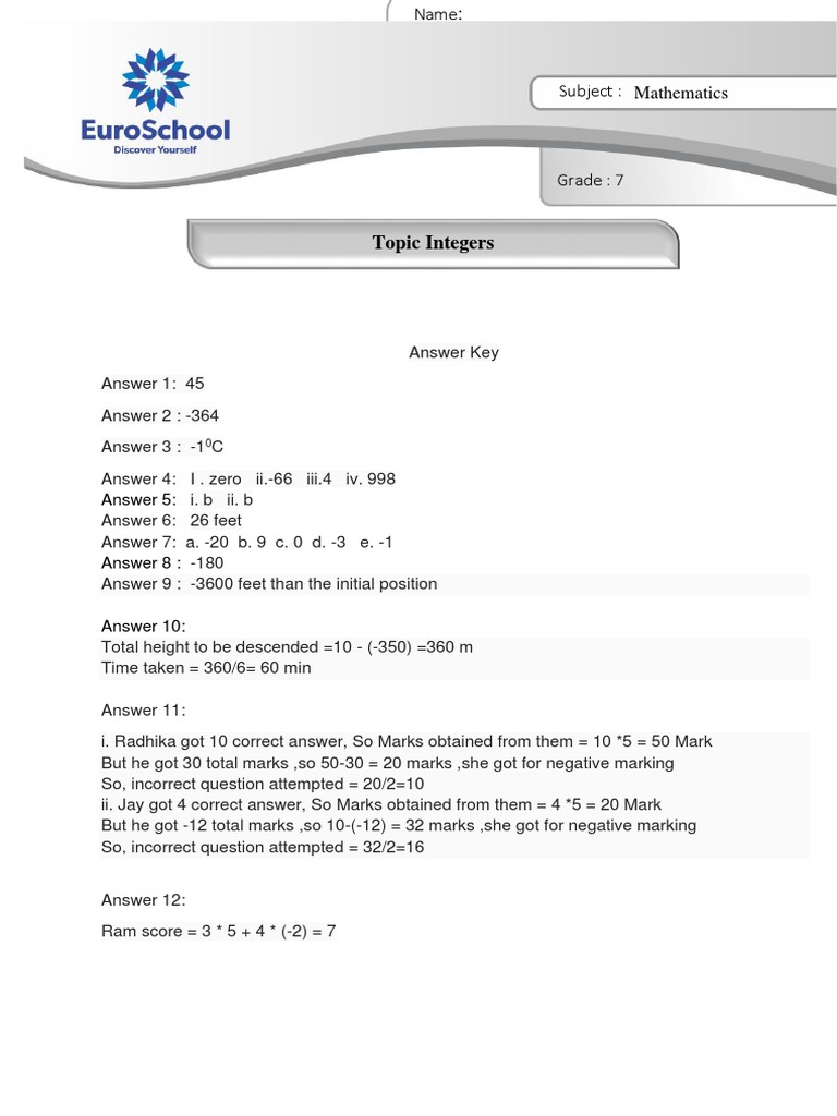Grade 7 Math Recap Worksheet-2 Answerkey | PDF