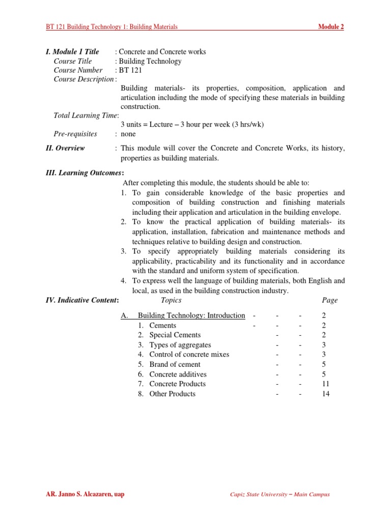 I. Module 1 Title: Concrete and Concrete Works Building Technology ...