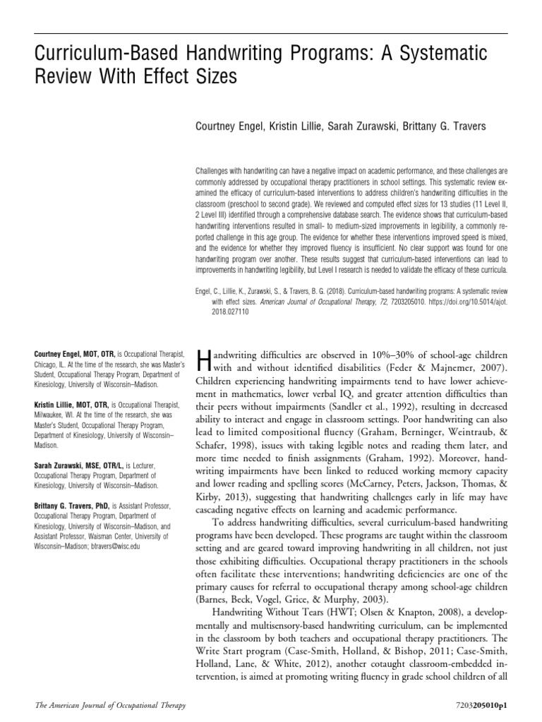 Curriculum Based Handwriting Programs A Systematic | PDF | Effect Size ...