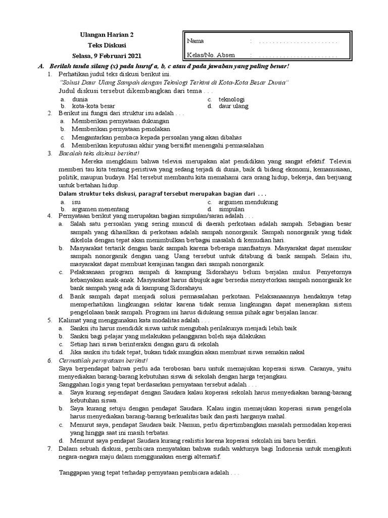 Ulangan Harian Teks Diskusi | PDF