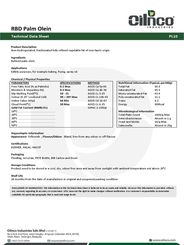 RBD Palm Olein: Technical Data Sheet PL10 | PDF | Fat | Palm Oil