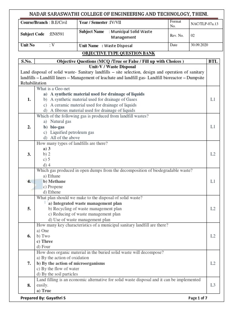 MSWM UNIT V Objective Type Question Bank Website | PDF | Landfill | Waste Management