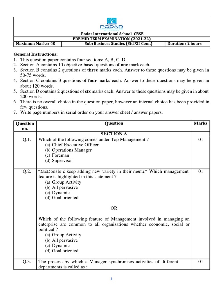 XII Business Studies Pre Mid Term QUESTION PAPER | PDF | Electronic ...
