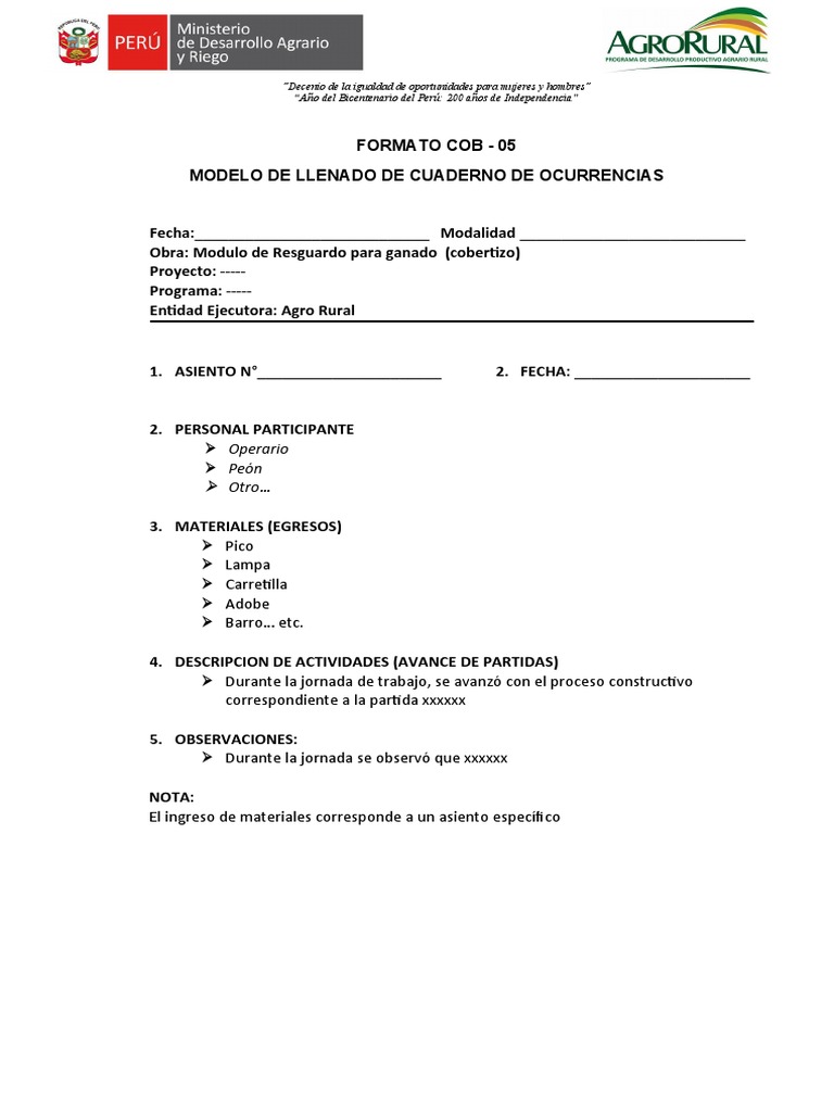 Formato Cob - 06 Modelo de Llenado de Cuaderno de Ocurrencias | PDF