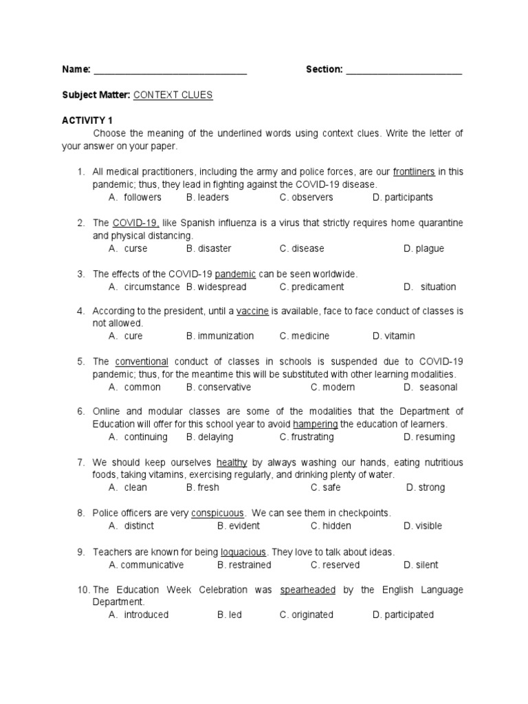 Name: - Section: - Subject Matter: CONTEXT CLUES Activity 1 | Download ...