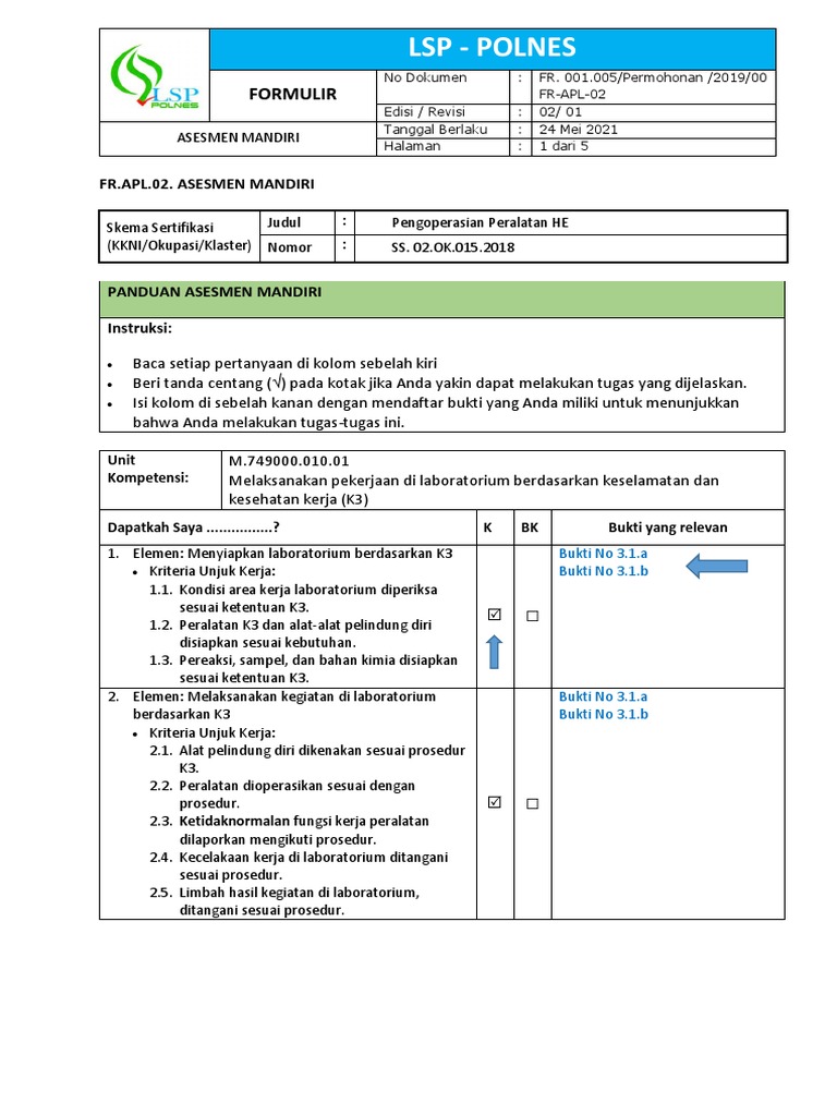 Contoh Pengisian APL 02 | PDF