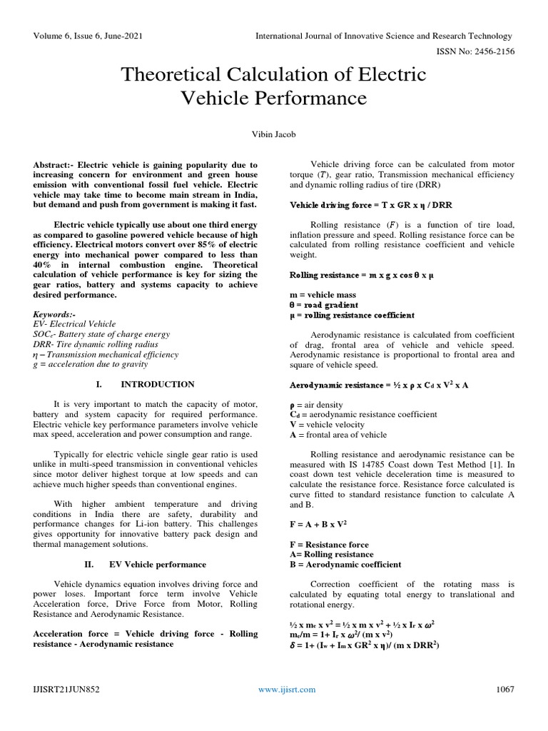 Theoretical Calculation of Electric Vehicle Performance | PDF ...