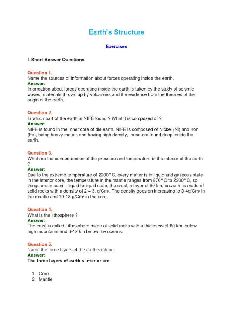 Earth's Structure: I. Short Answer Questions | Download Free PDF ...