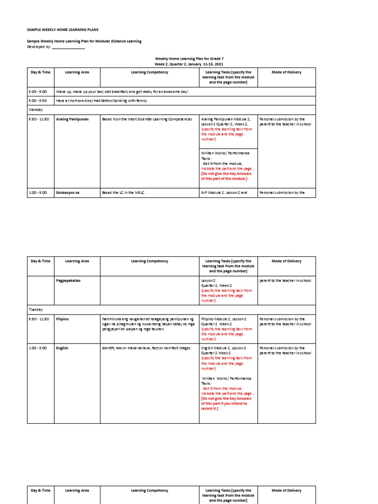 Sample Weekly Home Learning Plan With Assessment Schedule. | PDF ...