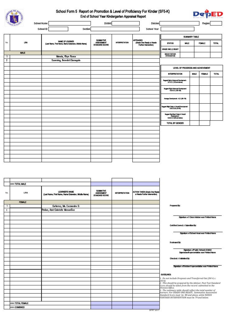 School Form 5 SF5K Report On Promotion and Level of Proficiency For ...