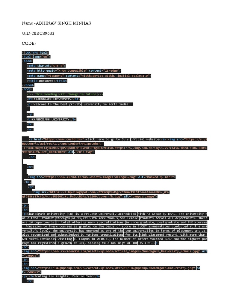 Name - Abhinav Singh Minhas UID-20BCS9633 Code-: Doctype HTML Head Meta Meta Meta Title Title ...