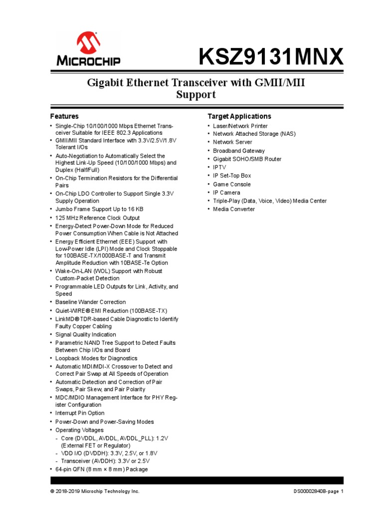 KSZ9131MNX: Gigabit Ethernet Transceiver With GMII/MII Support | PDF ...